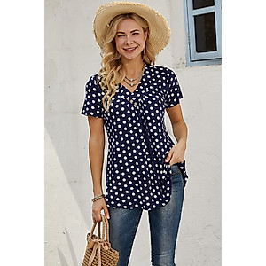 Ninedaily Women's Polka Dot Shirts, Womens Summer Tops Trendy 2025 Tunic Summer Short Sleeve Top Loose V Neck Dressy Shirt Blouse,Navywhite Polka Dot,Size XL