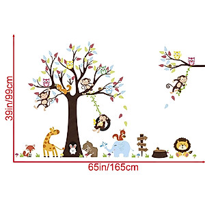 LiveGallery Cartoon Animals Wall Decals Removable Tree Wall Stickers DIY Owls Wall Art Cute Monkey Elephant Giraffe Wall Decal for Kids Boys Children Bedroom Playroom Nursery Rooms Decoration 39"x65"