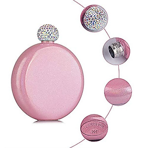 Cute Liquor Flask for Women, Junya 304 Stainless Steel,Pretty Glitter Coating Whiskey Flasks,Shining Rhinestone Cap,Portable Wine Flask for Drink Bar BBQS and Traveling,Capacity 5 oz (Pink)