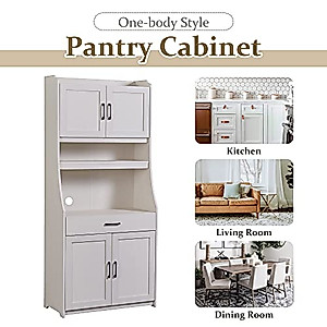 P PURLOVE One-Body Kitchen Pantry Cabinet Storage Cabinet with Cabinet and Adjustable Shelf Space Saving Cupboard Cabinet for Kitchen, Garage, Pantry, Office,Antique White