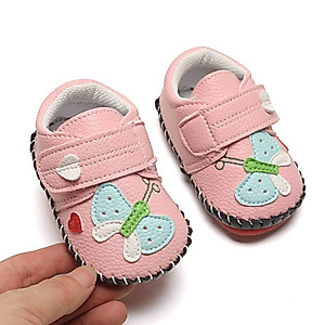 HsdsBebe Baby Boys Girls Pu Leather Hard Bottom Walking Sneakers Toddler Rubber Sole First Walkers Infant Cartoon Slippers Crib Shoes(6-12 Months)