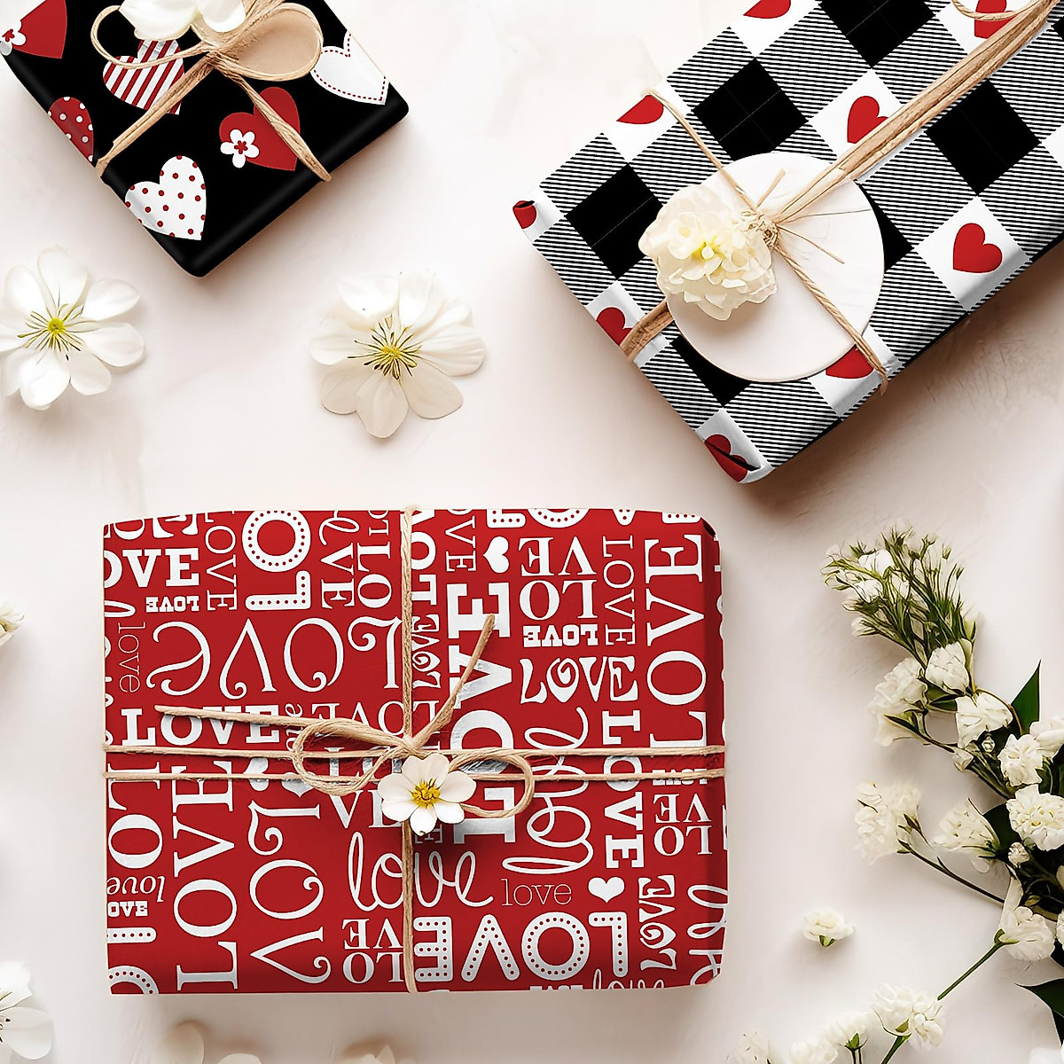 Whaline 12 Sheet Valentine's Day Wrapping Paper Heart Love Plaid Gift Wrap Paper Bulk Folded Flat Black Red Craft Paper for DIY Crafts Wedding Anniversary Party Gift Packing Supplies, 19.7 x 27.6 Inch