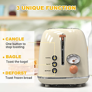 Toaster 2 slice, KitchMix Retro Stainless Steel Toaster with 6 Settings, 1.5 In Extra Wide Slots, Bagel/Defrost/Cancel Function, Removable Crumb Tray (Cream)