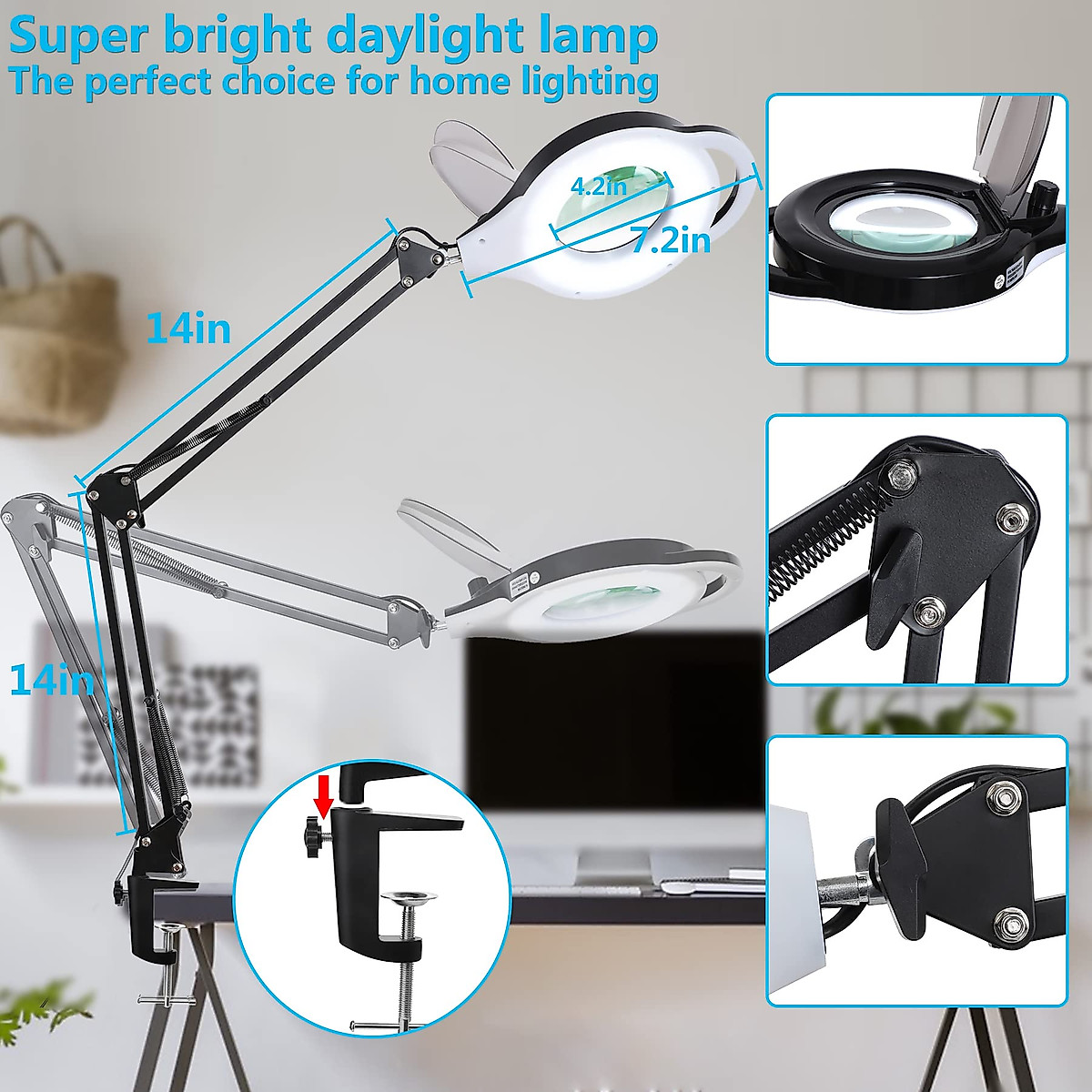 KIRKAS LED Dimmable Magnifying Lamp with Clamp, 2,200 Lumens Super Bright Magnifying Glass with Light, Adjustable Metal Swivel Arm Magnifier Desk Light for Close Work, Craft, Reading, Repair - Black