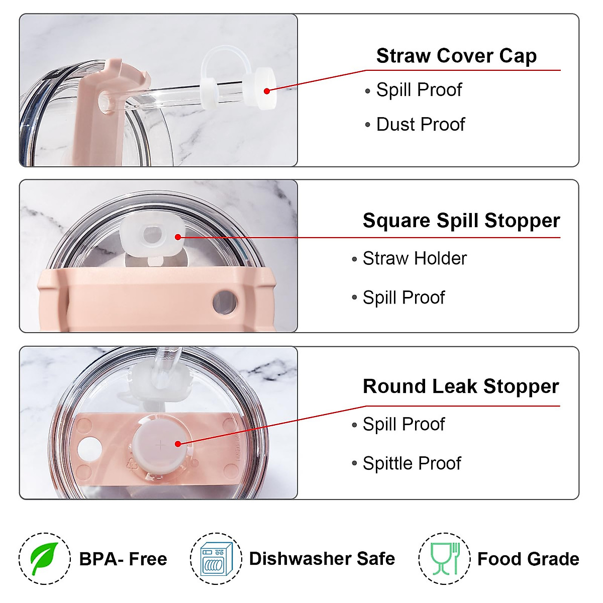 8PCS Cup Accessories Set for Stanley Cup H2.0, Including 2 Pcs Straw Cover Cap for 9-10 mm Straw, 4 Silicone Spill Proof topper, 2 Pcs Silicone Boot for Stanley 40 oz 30 oz 20 oz Tumbler with handle