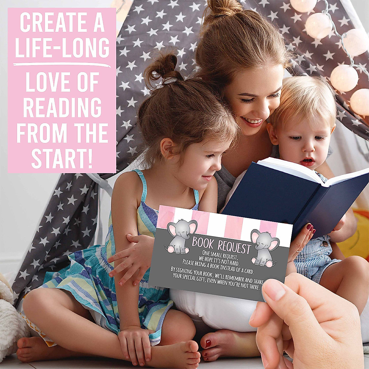 25 Books For Baby Shower Request Cards - Pink Elephant Baby Shower Invitation Inserts, Book Request Baby Shower Guest Book Alternative, Bring A Book Instead Of A Card, Baby Shower Book Request