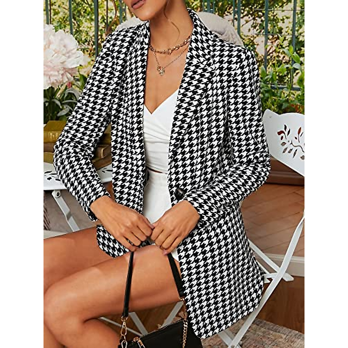 Floerns Women's Casual Long Sleeve Pop Art Colorful Blazer Graphic Work Suit Jacket Black Houndstooth XL