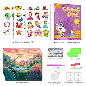 Diamond Art Painting Stickers Kits, 56 PCS 5D DIY Diamond Art Stickers for Beginners, Cute Animals, Princesses, Unicorns Gem Stickers Crafts for Kids, Gift for Girls (with 3D Background Display Card)