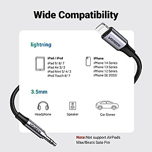 UGREEN Aux Cord for iPhone Aux to Lightning Cable for Car Adapter MFi Certified Lightning 3.5mm Headphone Male Audio Jack Compatible with iPhone 14 Pro Max/13 12 11 Pro Max/12 11 XR SE/8 Plus, 3.3FT