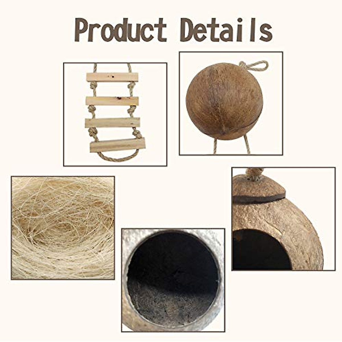 PINVNBY Crested Gecko Coco Hut with Ladder Natural Lizard Coconut Shell Hideout Home Mini Condo for Reptiles Durable Cave Habitat with Hanging Loop Coconut Texture Provide Food for Pets