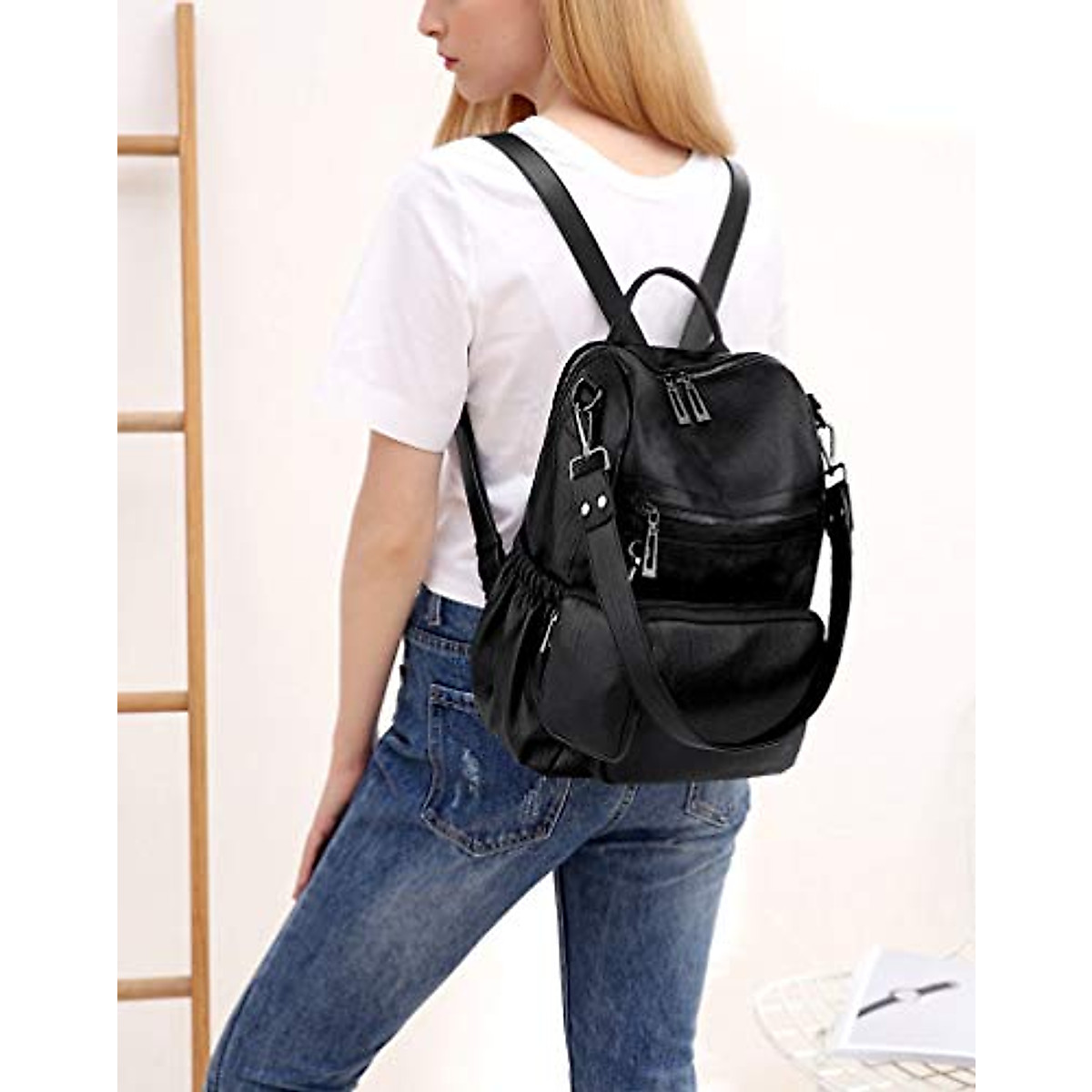 UTO Women Backpack Purse Leather Vegan Convertible Ladies Rucksack Zipper Pocket Shoulder Bag with Detachable Pouch Black