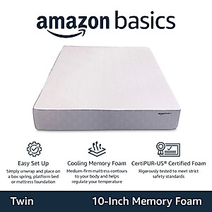 Amazon Basics Memory Foam Mattress, Medium Firm, Cooling Gel, Twin Size Mattress, CertiPUR-US® Certified Foam, 75 x 39 x 10 inches, White/Gray