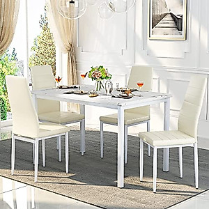 Recaceik Furniture 5 Piece Faux Dining Set, Modern Kitchen Table Marble Top and High Chairs for Breakfast Nook Small Spaces Beige