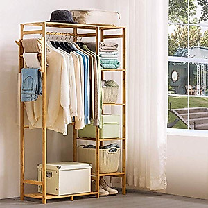 Ufine Bamboo Garment Rack 6 Tier Storage Shelves Clothes Hanging Rack with Side Hooks, Heavy Duty Clothing Rack Portable Wardrobe Closet Organizer