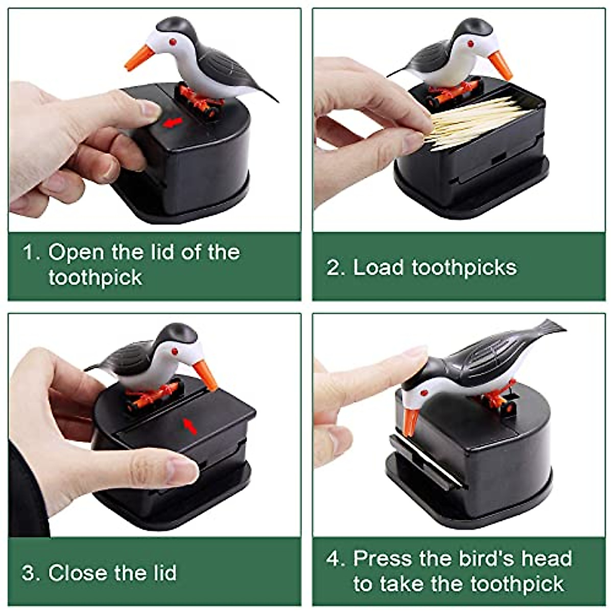 Jucaifu Little bird toothpick dispenser, creative push-type toothpick bird dispenser, toothpick holder. (black)