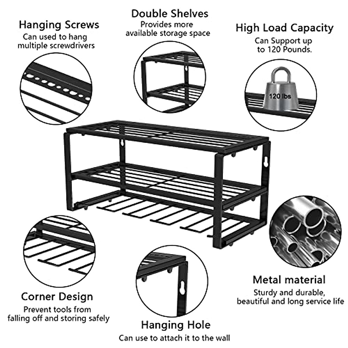 BaiYuan Power Tool Organizer with 5 Drill Holder, Wall Mount Garage Tool Organizers and Storage Rack, 3 Layers Heavy Duty Metal Tool Shelf, Cordless Drill Storage or Drill Charging Station