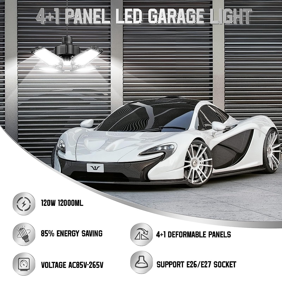 TOPAUBUB Garage Light 2 Pack 120W, 12000LM Garage Lights Ceiling LED with 4+1 Deformable Panels 6500K LED Garage Light, LED Shop Lights for Workshop, Garage, Basement Support E26/E27