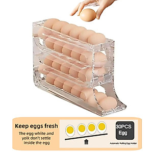 Lshnrd 4 Tiers Egg Holder for Fridge,Auto Rolling Egg Fridge Organizer,Space-Saving Egg Dispenser Holder for Refrigerator,Large Capacity Egg Storage Rack(Transparent)