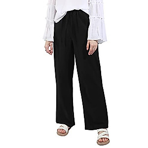 utcoco Women's Cotton Linen Drawstring High Waisted Pants Casual Loose Fit Wide Leg Trousers (L, Black)