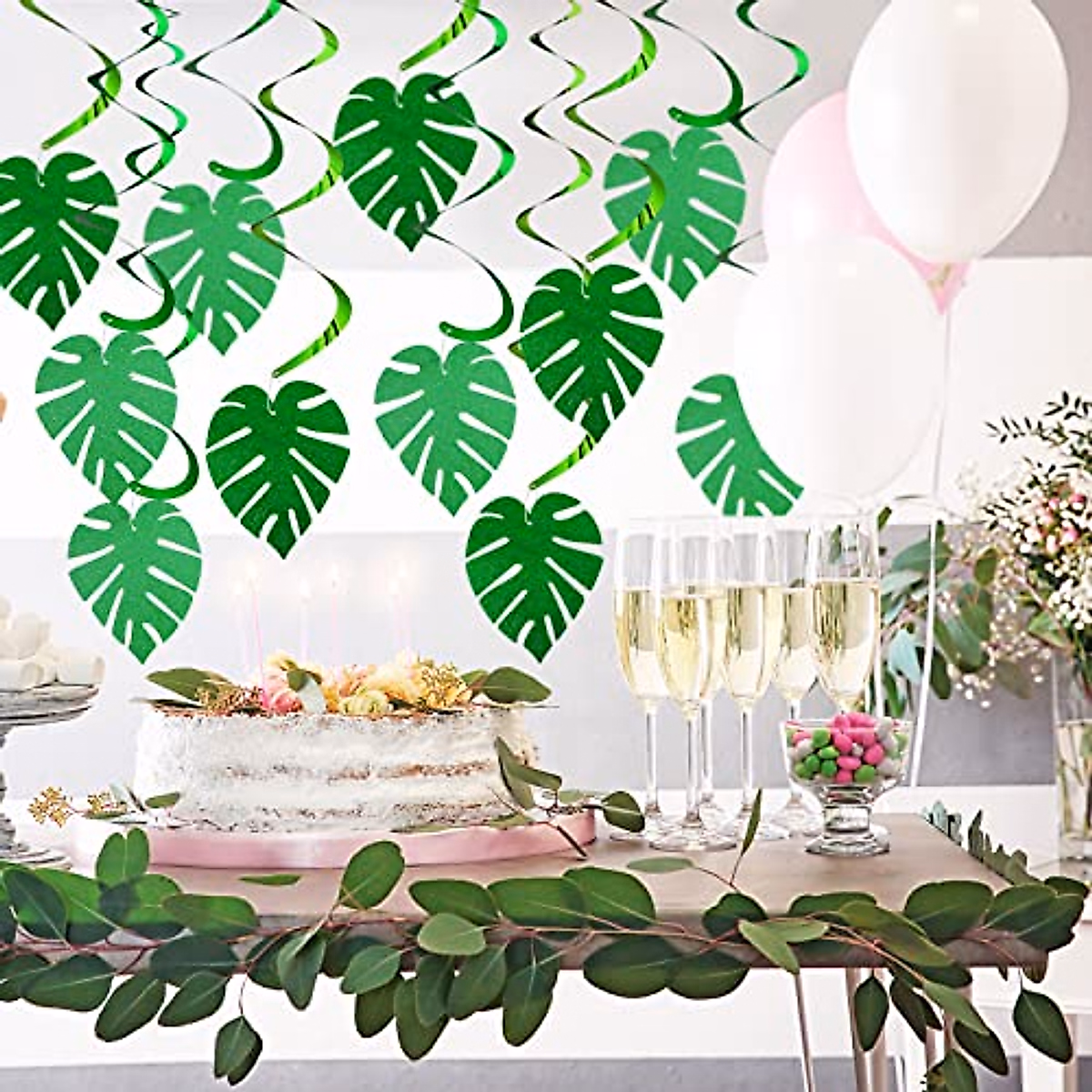 32 Pcs Palm Leaves Party Swirl Decorations Hanging Ceiling Green Decoration Swirls Luau Tropical Party for Hawaiian Baby Shower Birthday Supplies (Cute Style)
