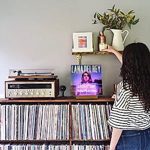 BiJun Now Playing Vinyl Record Stand, Now Spinning Vinyl Display Stand Wall Mount or Tabletop Vinyl Record Holder Wooden Floating Shlelf for Albums LP Display Storage with Illuminated Acrylic Panel