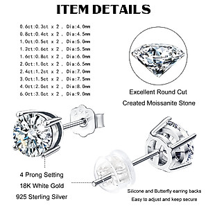 Jewenova Moissanite Stud Earrings, 0.6ct-3ct D Color VVS1 Clarity, Brilliant Round Cut Lab Created Diamond Earrings, 18K White Gold Plated S925 Sterling Silver Moissanite Earrings