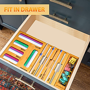 HomeOrganize Ziplock Bag Storage & Wrap Dispenser with Cutter,Clips Box & Labels for Kitchen Drawer & Wall,9 in 1 Bamboo Organizer for Gallon, Quart, Snack Bags & Plastic, Aluminum Foil, Wax 12" Roll.