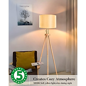 Dimmable Tripod Floor Lamp, Mid Century Standing Lamp with 0%-100% Brightness LED Bulb Beige Linen Drum Shade, E26 Socket, Bedside Lamp, Wooden Floor Lamp for Living Room, Bedroom, Office