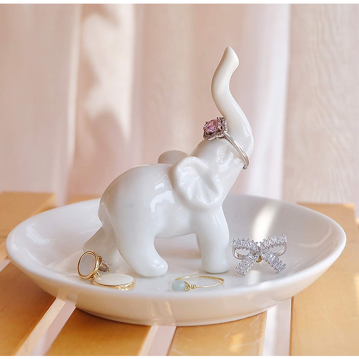 PUDDING CABIN White Elephant Ring Holder Dish Ring Tray for Jewelry | Elephant Gifts for Women Christmas | Birthday Gifts for Woman | Elephant Mom Gifts Wedding Christmas Mother's Day Gifts