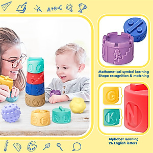 AUYYOSK 10 Pcs Baby Soft Stacking Building Blocks & Sensory Ball Infant Toys, Montessori Toys for Toddler Educational Squeeze Balls for Boys & Girls Babies Ages 6 9 12 Months 1 2 Years Old