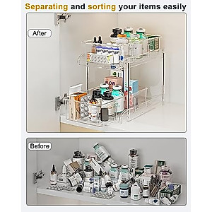 MHHA 2 Tier Clear Under Bathroom Sink Organizers and Storage, Medicine Cabinet Organizer with Dividers,Pull Out Kitchen Pantry Shelf Cupboard Closet Vanity Organization Bins