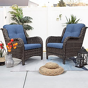 MeetLeisure Outdoor Wicker Chair Rattan Patio Dining Chairs Set of 2 PE Wicker Patio Chairs with 4inch Seat Cushions Outdoor Patio Seating Chair for Garden, Backyard Swimming Pool, Balcony, Blue