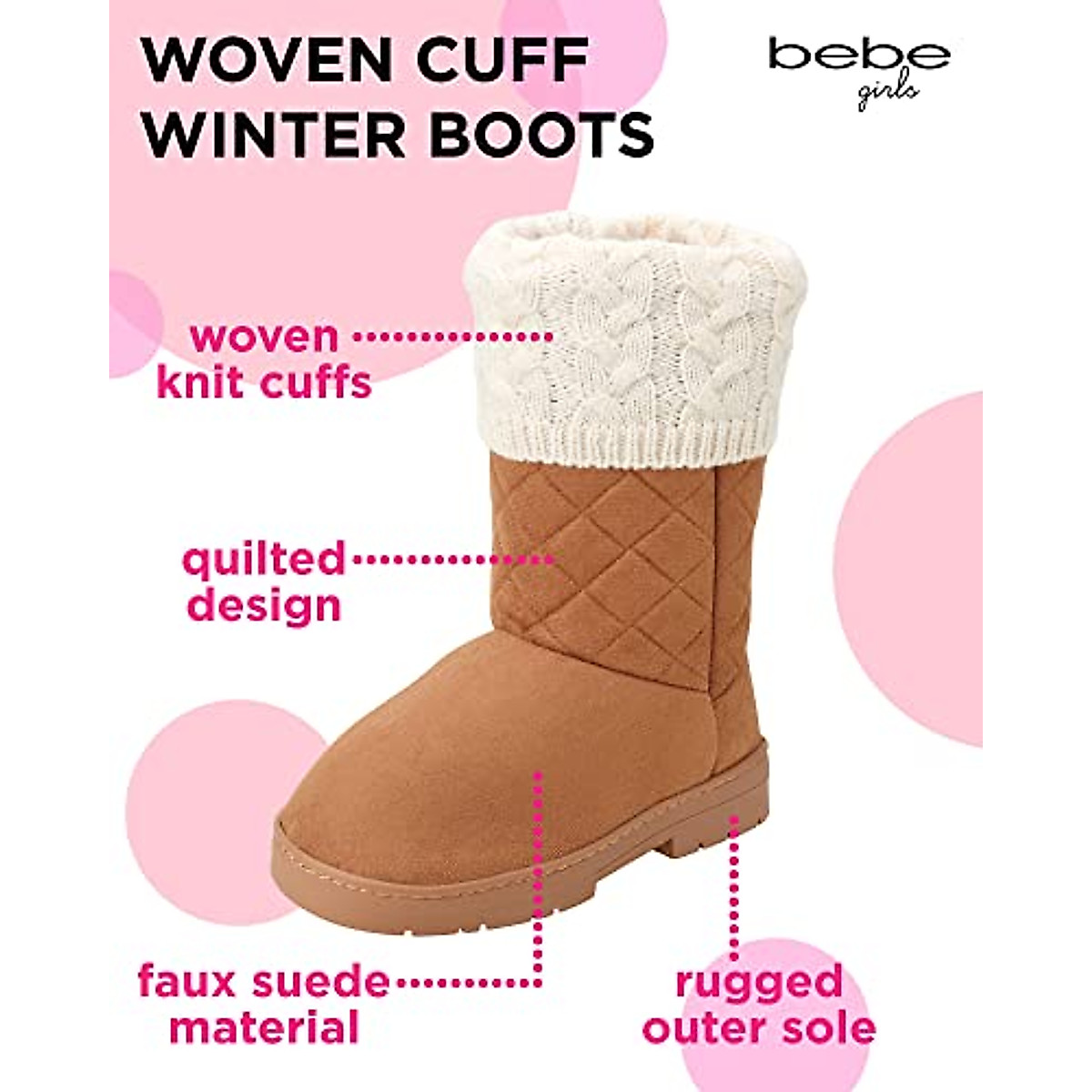 bebe Girls' Winter Boots - Quilted Woven Knit Winter Boots with Turn Cuff Sock Lining (Toddler/Girl), Size 2 Little Kid, Cognac