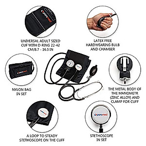 PARAMED Aneroid Sphygmomanometer with Stethoscope – Manual Blood Pressure Cuff with Universal Cuff 8.7-16.5" and D-Ring – Carrying Case in The kit – Black