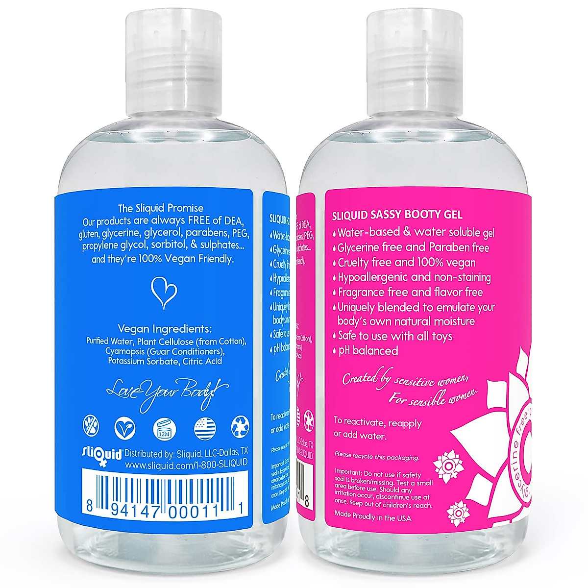 Sliquid Naturals Water-Based Lube for Women/Men/Couples - Sliquid H2O 8.5 Oz and Sliquid Sassy 8.5 Oz Personal Lubricant Set, Non-Staining, Unscented, Unflavored (2 Piece Set)