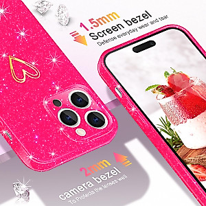 Qviskteme for iPhone 14 Pro Max Case Glitter,Cute Bling Sparkly Slim Phone Case TPU Shockproof Bumper Protective Soft Silicone Cover Anti-Scratch Plating Love Heart for Women Girls (Hot Pink)