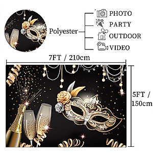 7x5ft Masquerade Party Backdrop Black and Gold Confetti Photography Banner Decor Champagne Birthday Party Mask Prom Dance Party Photoshoot Background