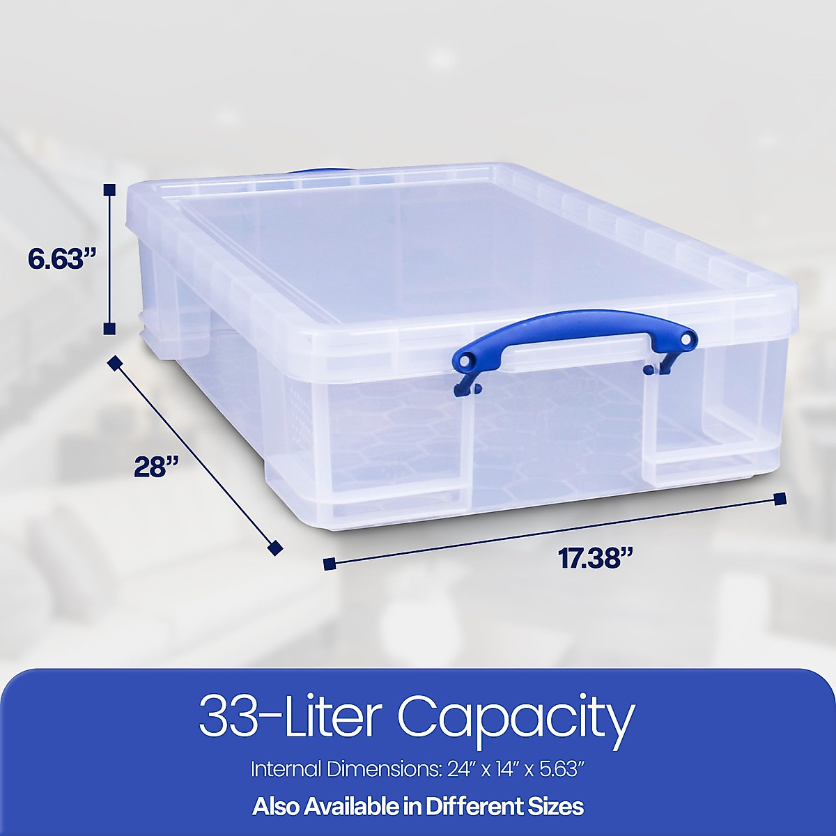 Really Useful Box 33 Liter Plastic Stackable Storage Container with Snap Lid & Built-In Clip Lock Handles for Home or Office Organization, Clear