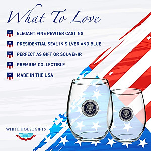 White House Gifts: Presidential Seal Glass Pewter Wine Tumbler (15 oz) Stemless Wine Glass with Fine Pewter Casting on Presidential Symbol - Perfect Souvenir or Home Bar Collectible - Made in the USA_AB