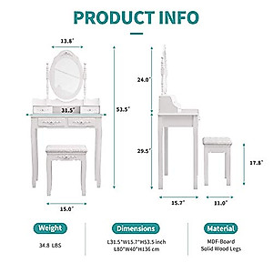 LAGRIMA Makeup Vanity Table Set, Makeup Table and Stool with Oval Mirror & 4 Storage Drawers, Wooden Dressing Desk Table Furniture Set for Women Girls