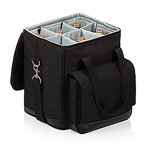 PICNIC TIME Cellar 6-Bottle Wine Carrier & Cooler Tote, Insulated Padded Wine Cooler Bag for Travel, Portable Water-Resistant Wine Bag, (Black with Gray Accents)