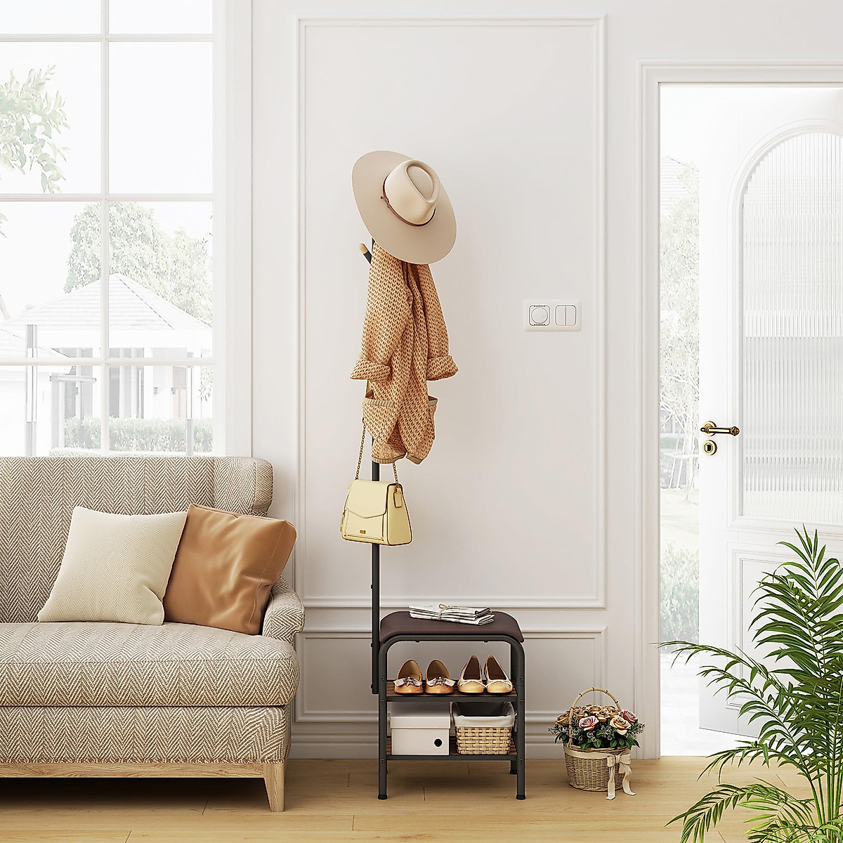 Gewudraw Coat Rack Stand Shoe Bench - 3 in 1 Coat Hall Tree with Shoe Storage With Benches Small Metal Shoes Shelf for Entryway Living Room Bedroom Hallway Mudroom