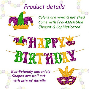 Mardi Gras Birthday Decoration Carnival Happy Birthday Banner Glitter Green Gold Purple Hanging Swirls Decor Fat Tuesday New Orleans Masquerade fleur de lis Theme Festival Party Supplies