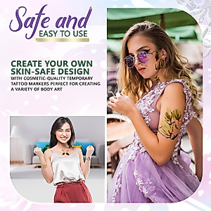 Looney Zoo Temporary Tattoo Markers for Skin, 4 Body Markers + 10 Small Tattoo Stencils for Kids and Adults, Dual-End Tattoo Pens Make Bold and Fine Lines with Cosmetic-Grade Temporary Tattoo Ink