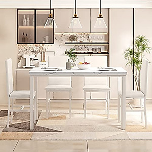 tantohom Faux Marble Dining Table Set, Compact Kitchen Table and Chairs for 4, 5 Pieces Dining Room Table Set with 4 Leather Upholstery Chairs for Small Space, Living Room, Breakfast Nook, All White
