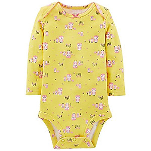 Simple Joys by Carter's Baby Girls' Long-Sleeve Bodysuit, Pack of 5, Grey/Pink Dots/White Animal Print/Yellow Owl/Cat, 6-9 Months