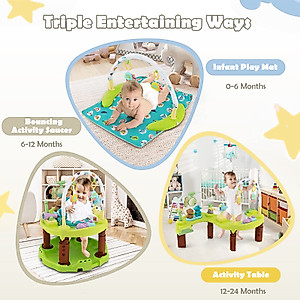 HONEY JOY Baby Bouncer Activity Center, 3-Stage Bouncing Activity Saucer & Playtime Mat & Activity Table, Toy-Bar, 3 Adjustable Heights, Foldable Exersaucer for Infants & Toddlers(Green)