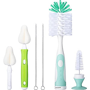 CAREBABYMORE Baby Bottle Brush with One Base Hidden Nylon Nipple Cleaner, 2 Pcs Sponge Nipple Brushes, 2 Pcs Straw Brushes, Bottle Brush with Nipple Cleaner and Suction Cup (Green)