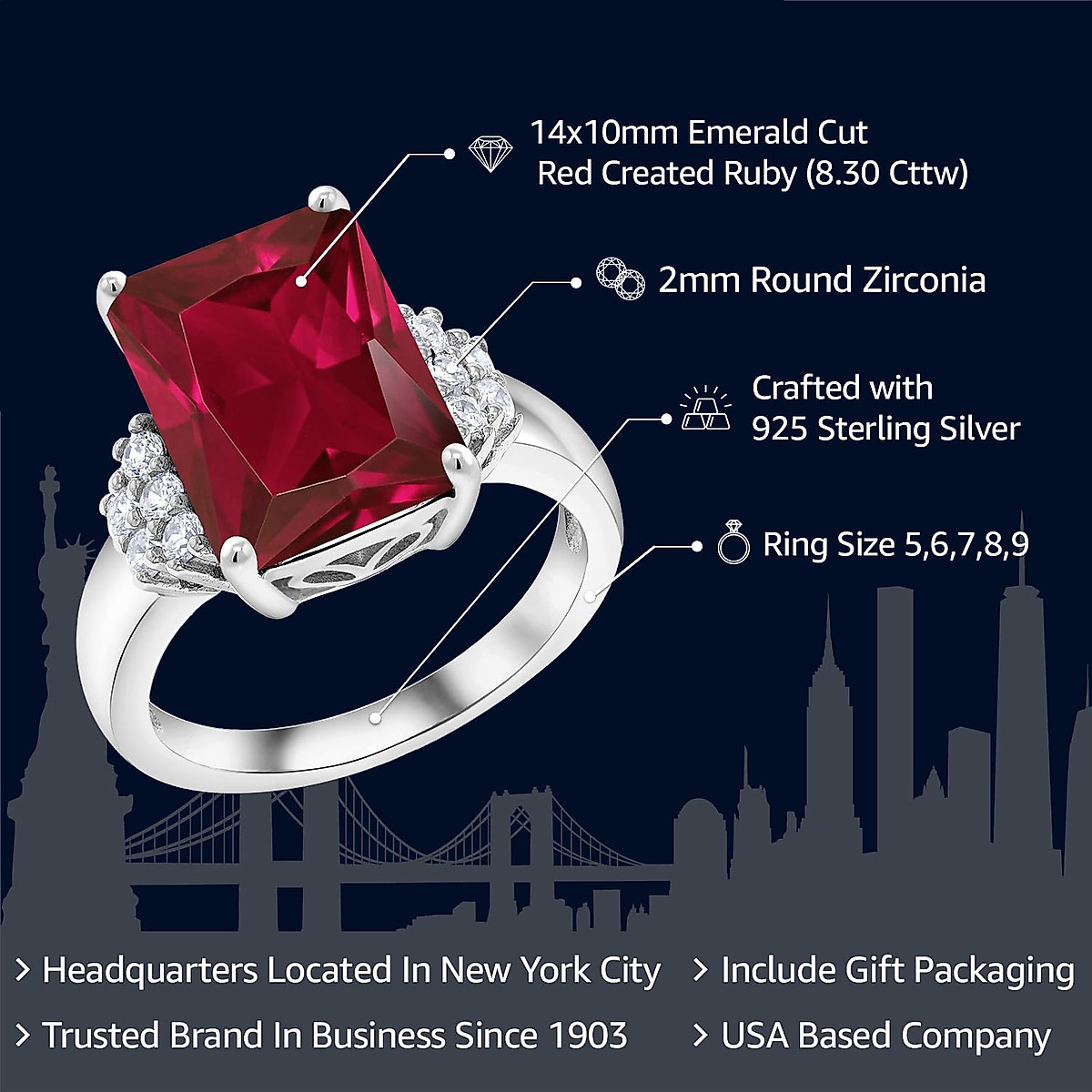 Gem Stone King 925 Sterling Silver Emerald Cut Gemstone Birthstone Engagement Ring | Emerald Cut 14X10MM | Wedding Anniversary Promise Ring For Women | Available In Size 5, 6, 7, 8, 9