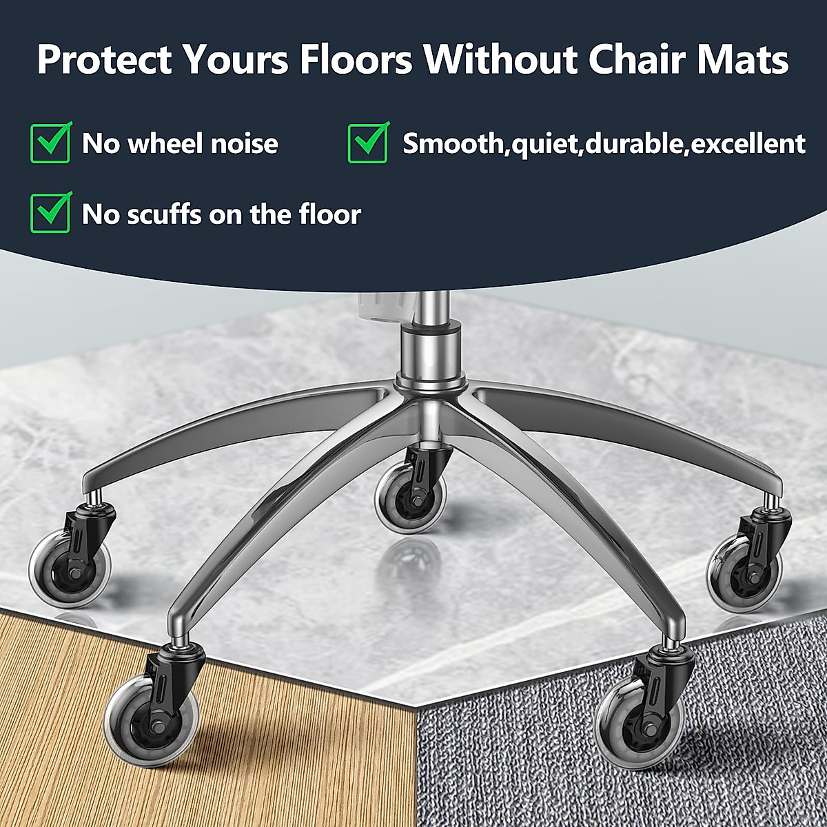 Office Chair Wheels Replacement Set of 5, EMNT Heavy Duty 3" Rubber Chair Casters for Hardwood Floors and Carpet, Safe Quiet Office Chair Casters for Chairs to Replace Office Chair Mats - Fits 98%